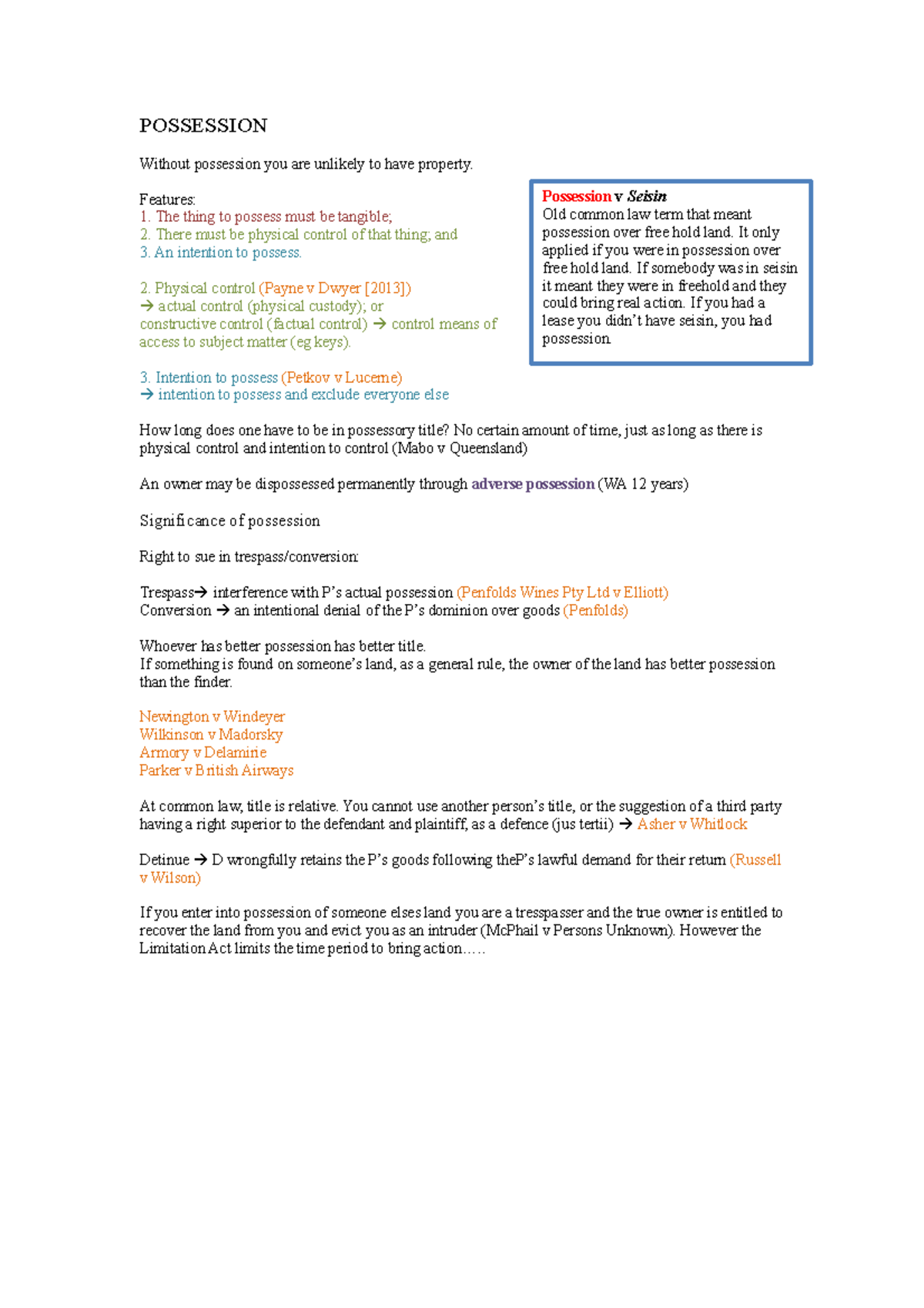 Summary - lectures 1-4 - possession andproperty law terms - POSSESSION ...