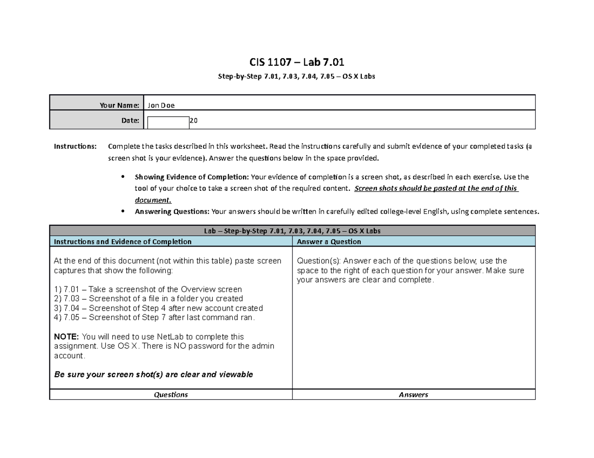 Chapter 07 VMware - CIS 1107 – Lab 7. Step-by-Step 7, 7, 7, 7 – OS X ...