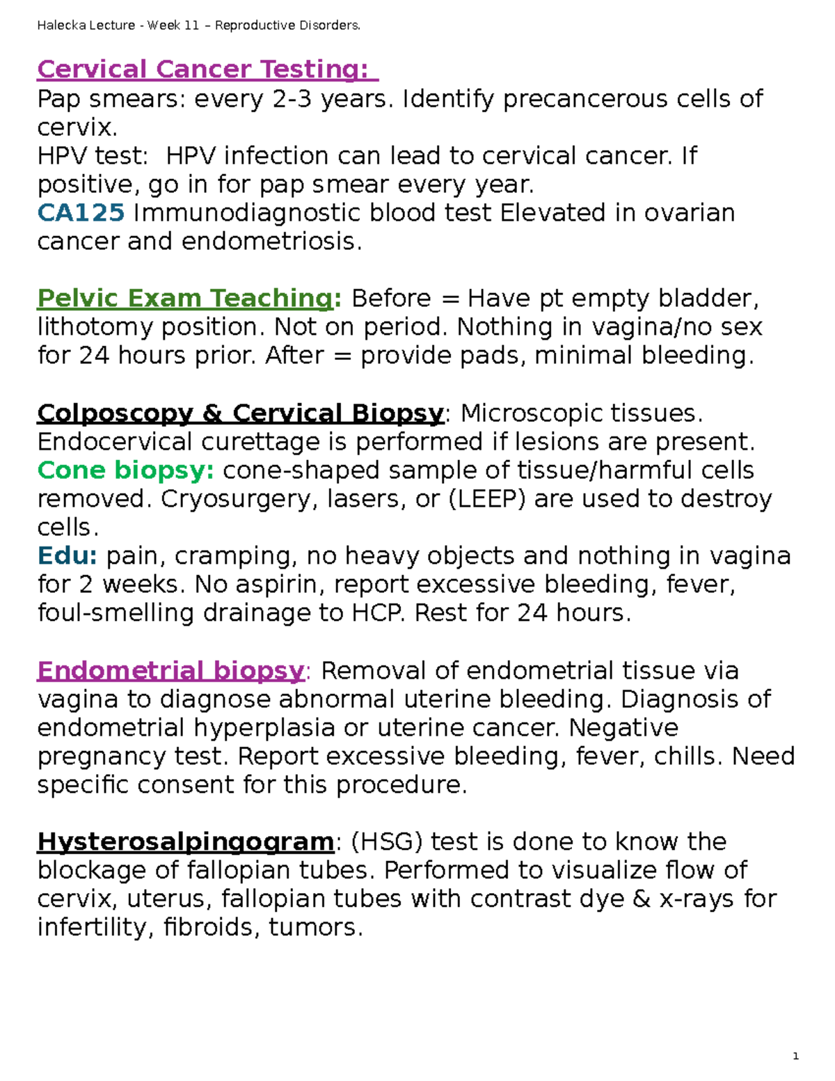 Halecka Lecture Notes Wk 11 - Reproductive Disorders - Cervical Cancer ...