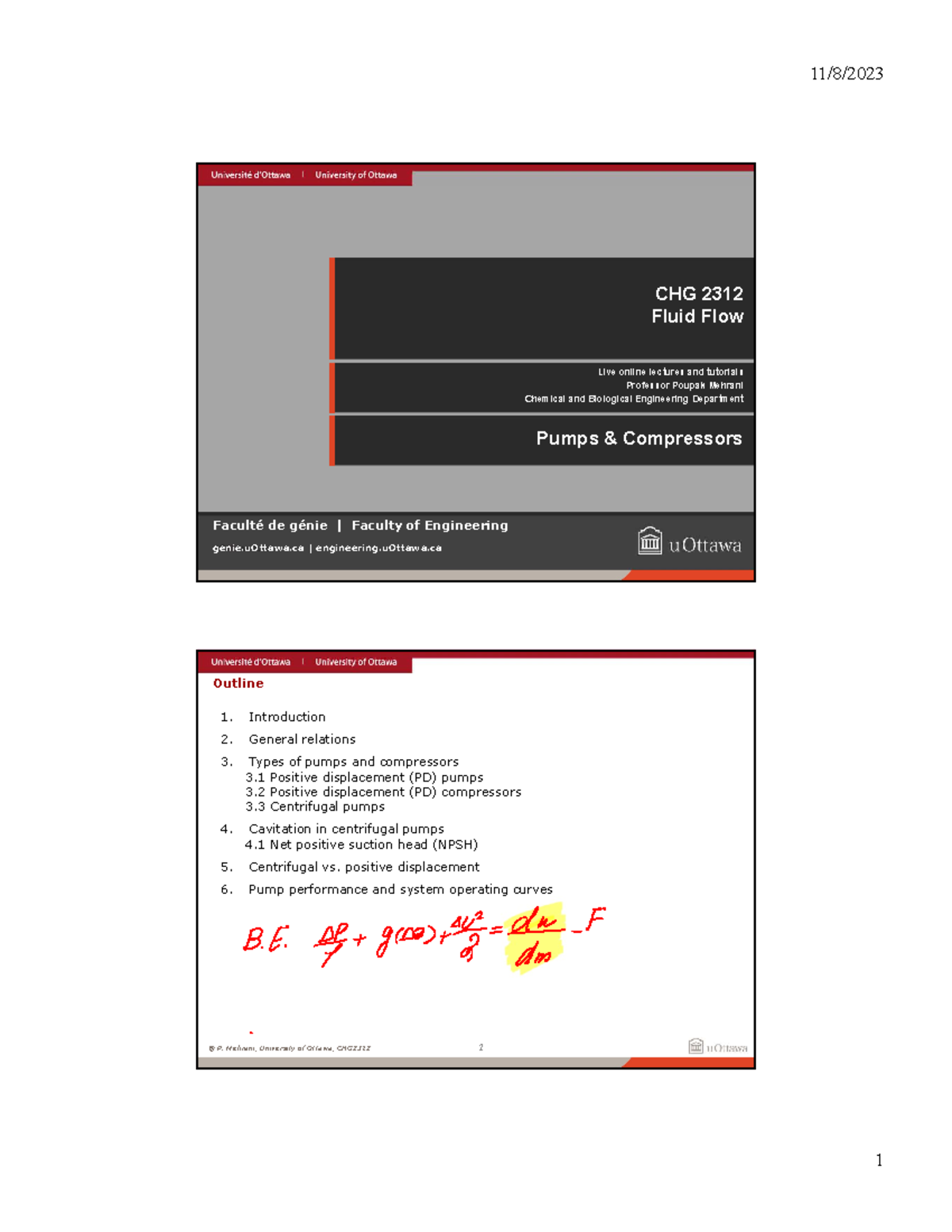 8 - Pumps and Compressors - uOttawa CHG 2312 Fluid Flow Live online ...