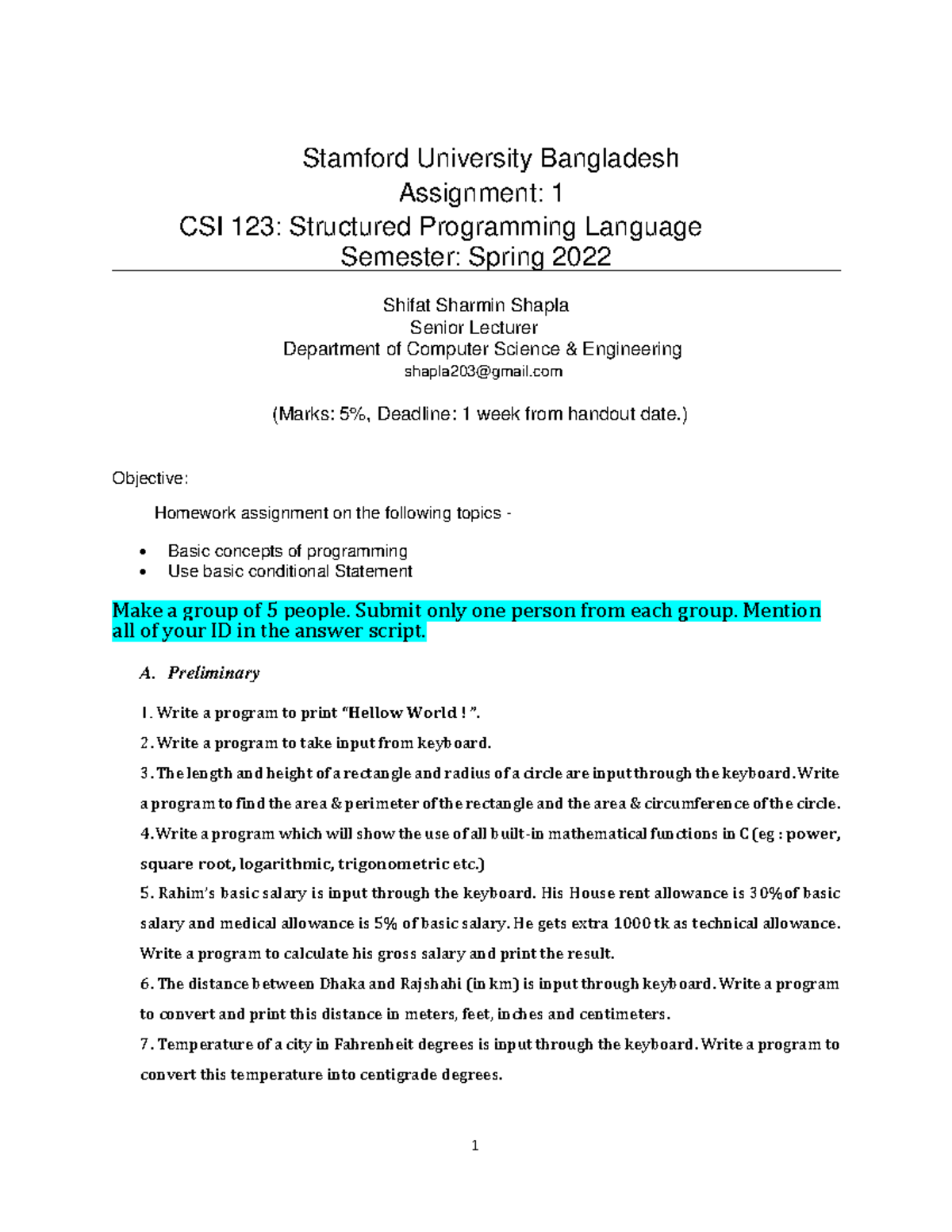CSI 123- Assignment 1 - SSS - 1 Stamford University Bangladesh ...