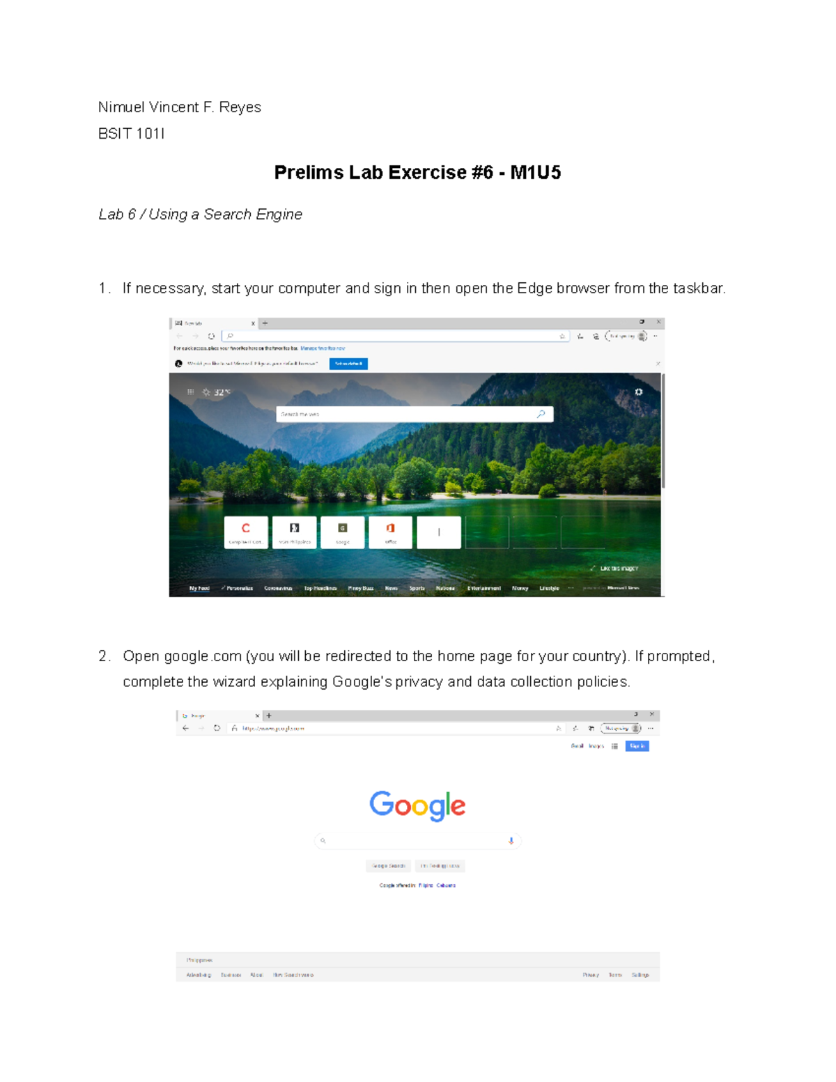 Prelims Lab Exercise 6 M1u5 Nimuel Vincent F Reyes Bsit 101l Prelims Lab Exercise M1u5 Lab