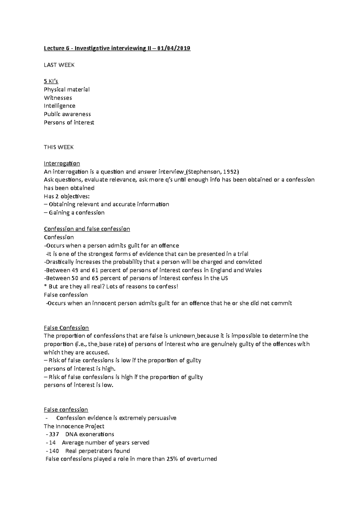 Lec 6 investigative interviewing 2 - Lecture 6 - Investigative ...