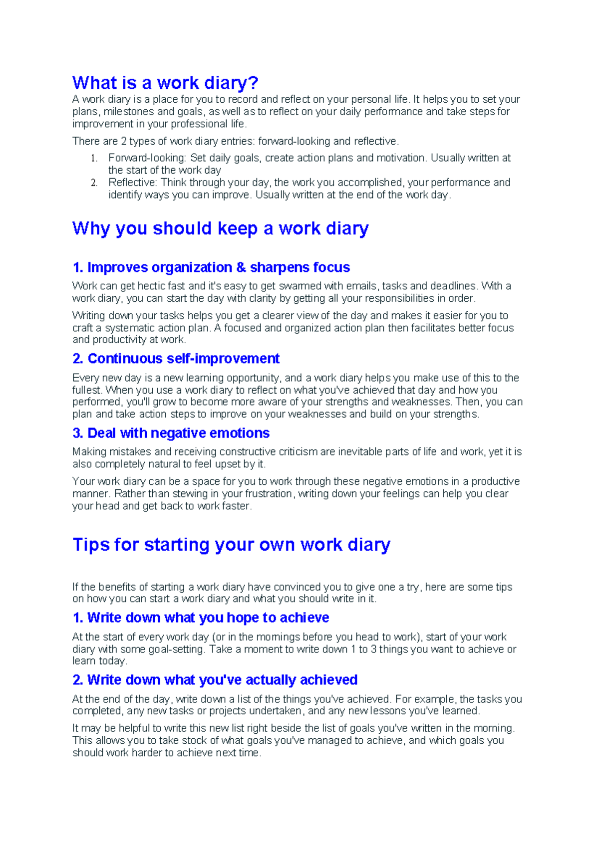 WORK Diary - What is a work diary? A work diary is a place for you to ...