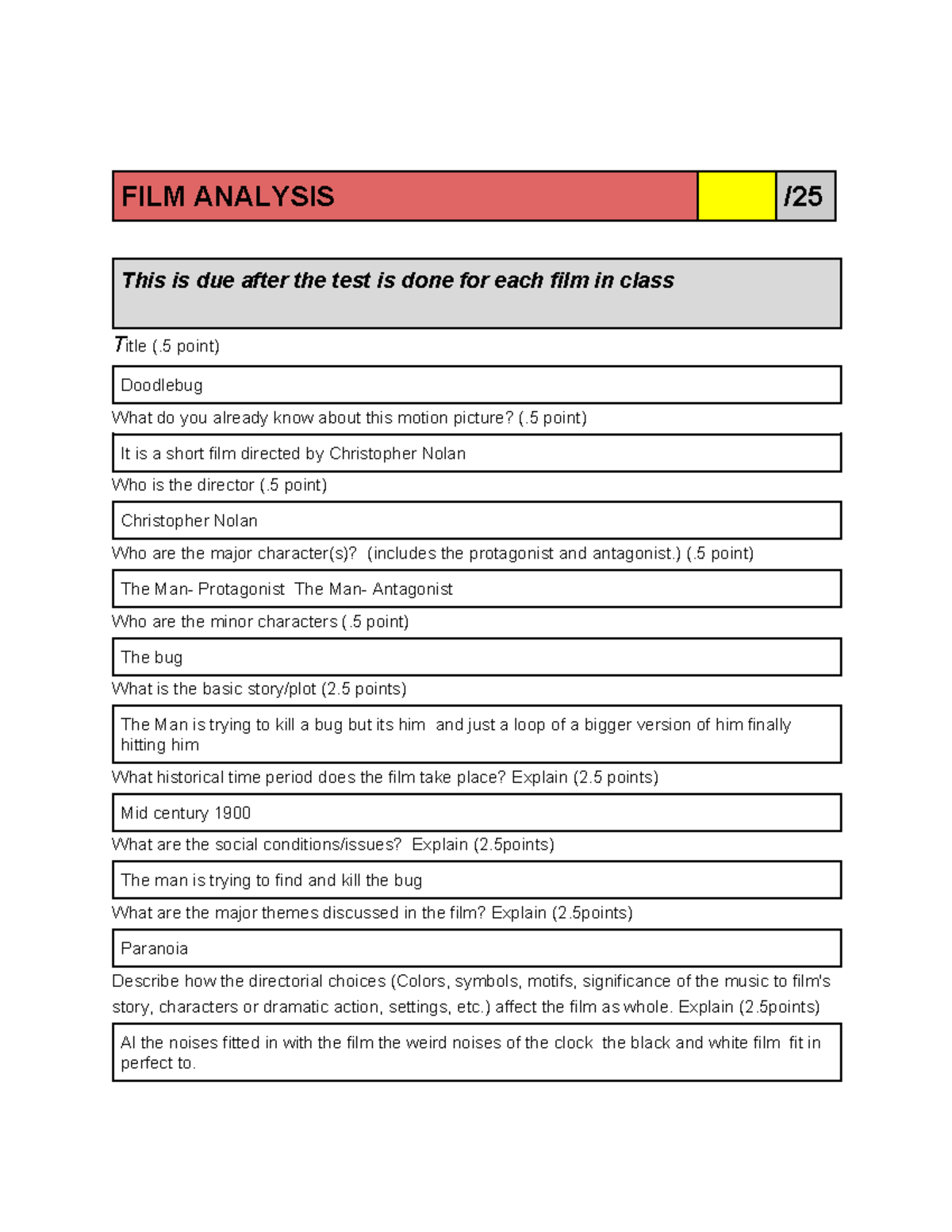 Analysis of Film - (Doodlebug) - FILM ANALYSIS / This is due after the ...
