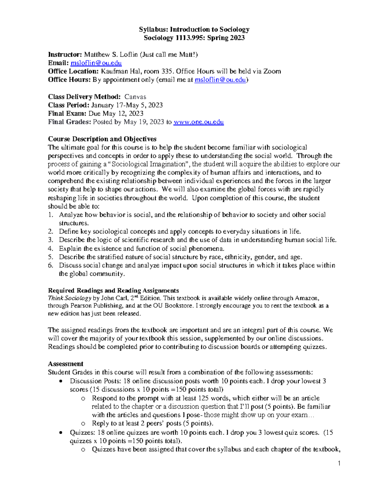 Intro Syllabus Spring 2023 Online - Syllabus: Introduction to Sociology ...