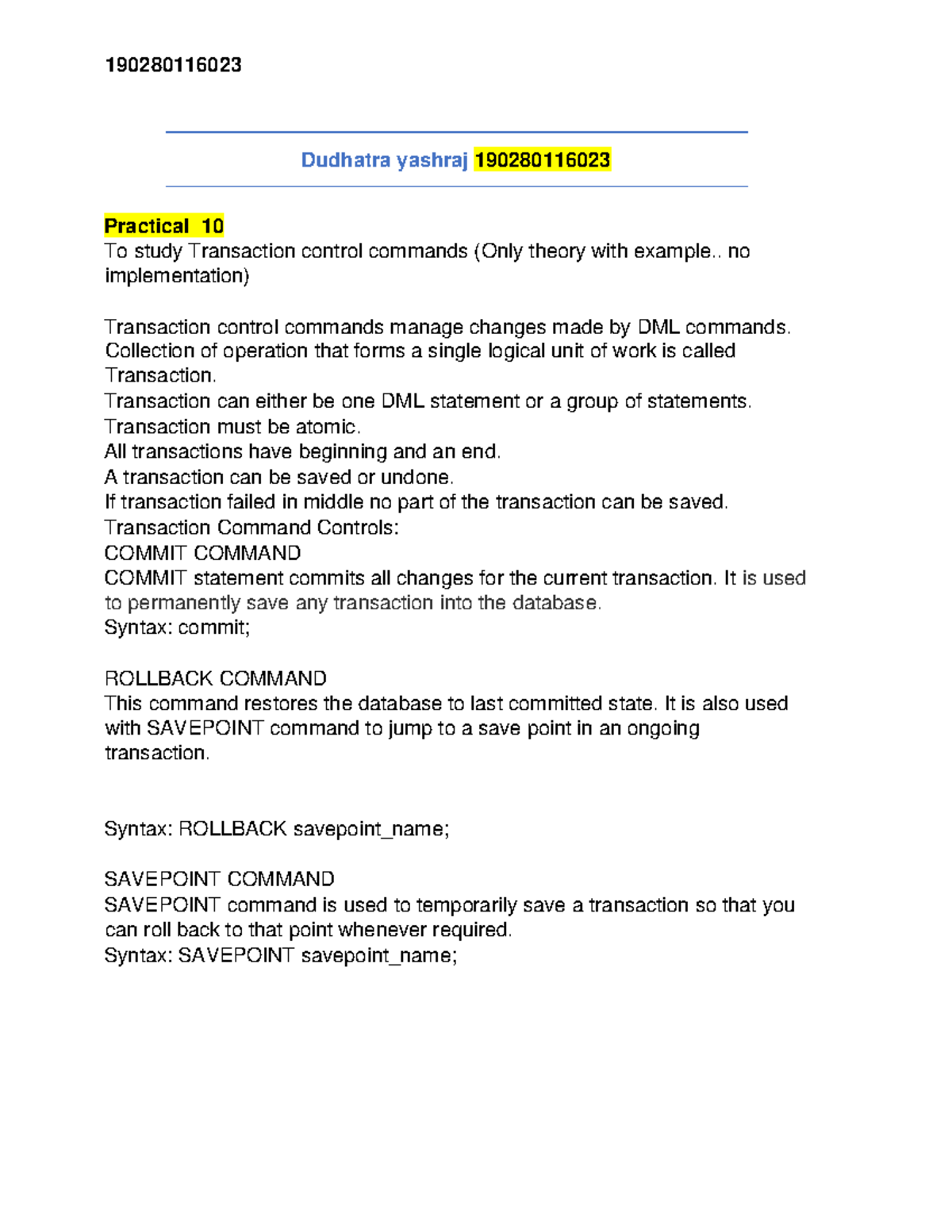 DBMS(3130703) Practical-10 To study Transaction control commands - 190280116023 Dudhatra yashraj ...
