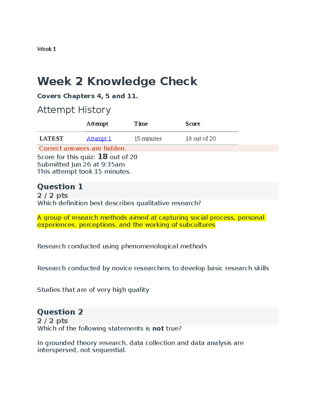 N350 KNowledge Check Quizzes - Week 1 Week 2 Knowledge Check Covers Chapters 4, 5 and 11 ...