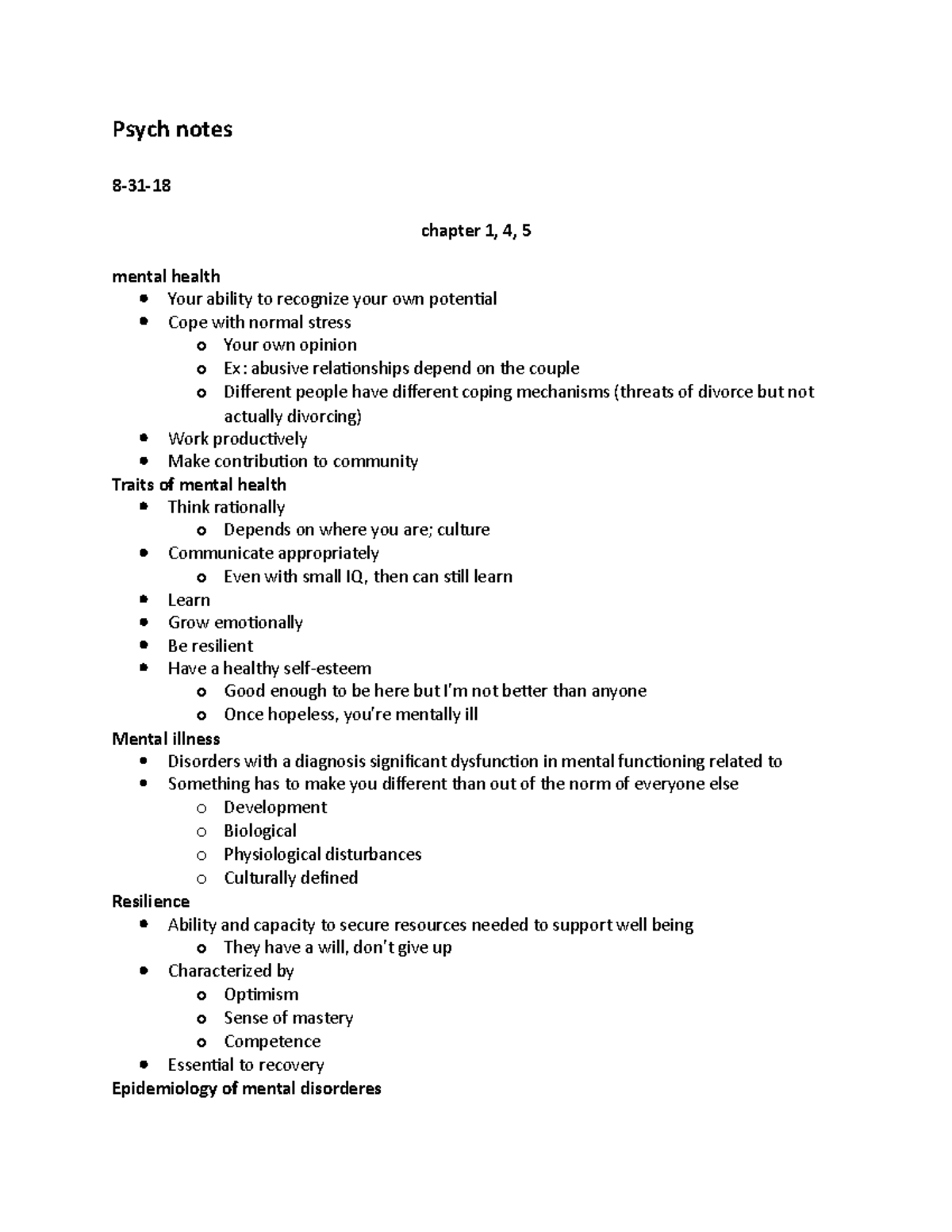 Psych notes - Psych notes 8-31- chapter 1, 4, 5 mental health Your ...