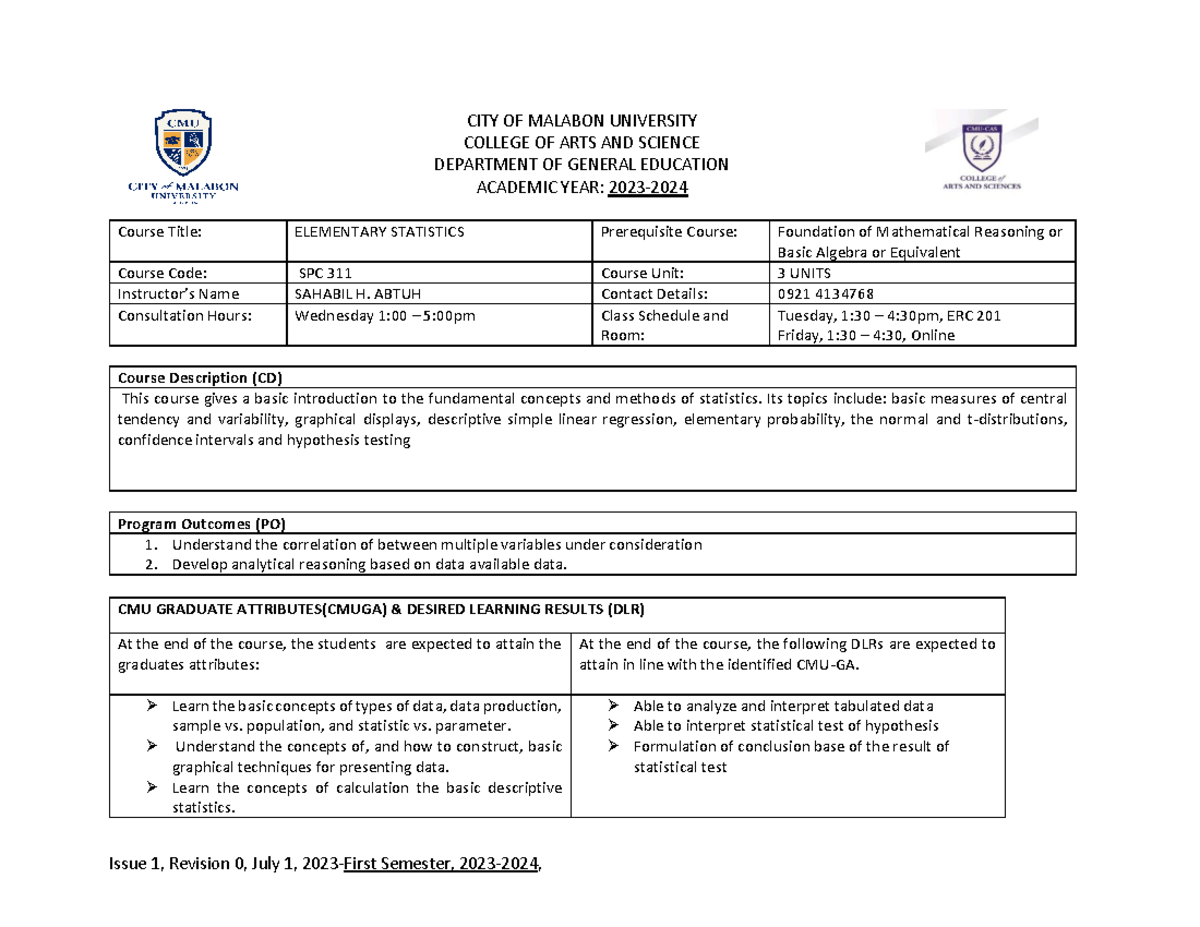 Syllabus SPC 311 Elementary Statistics Upd - CITY OF MALABON UNIVERSITY ...
