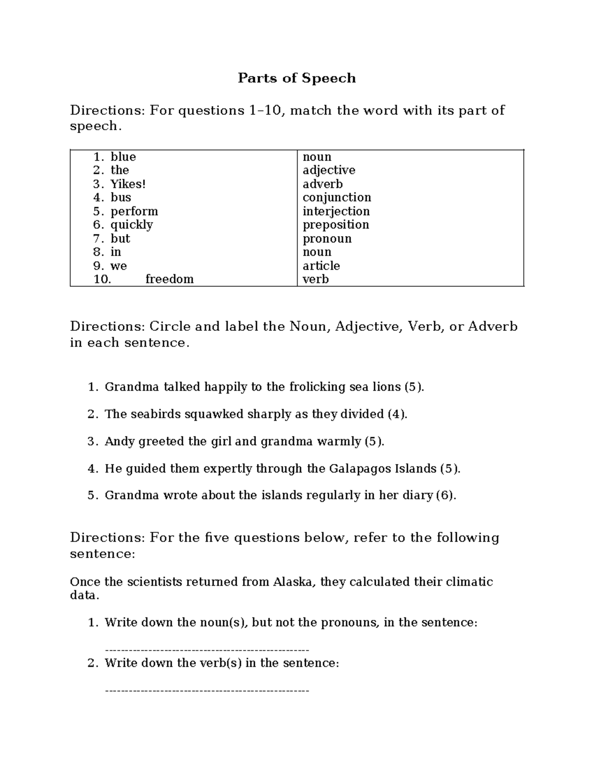 Practice Grammar Quiz 1 - Parts of Speech Directions: For questions 1 ...