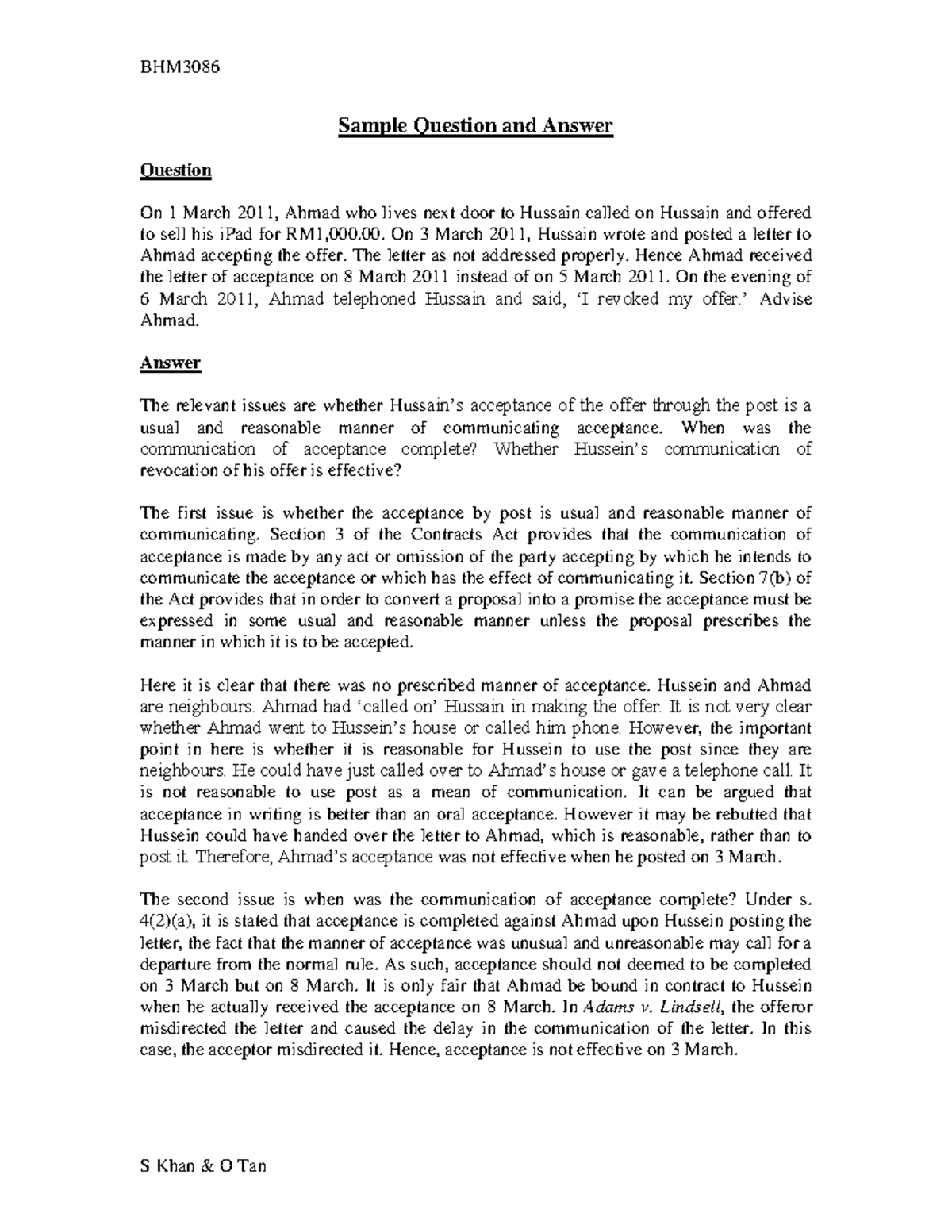 Sample Question & Answer BHM3086 -57 - BHM S Khan & O Tan Sample ...