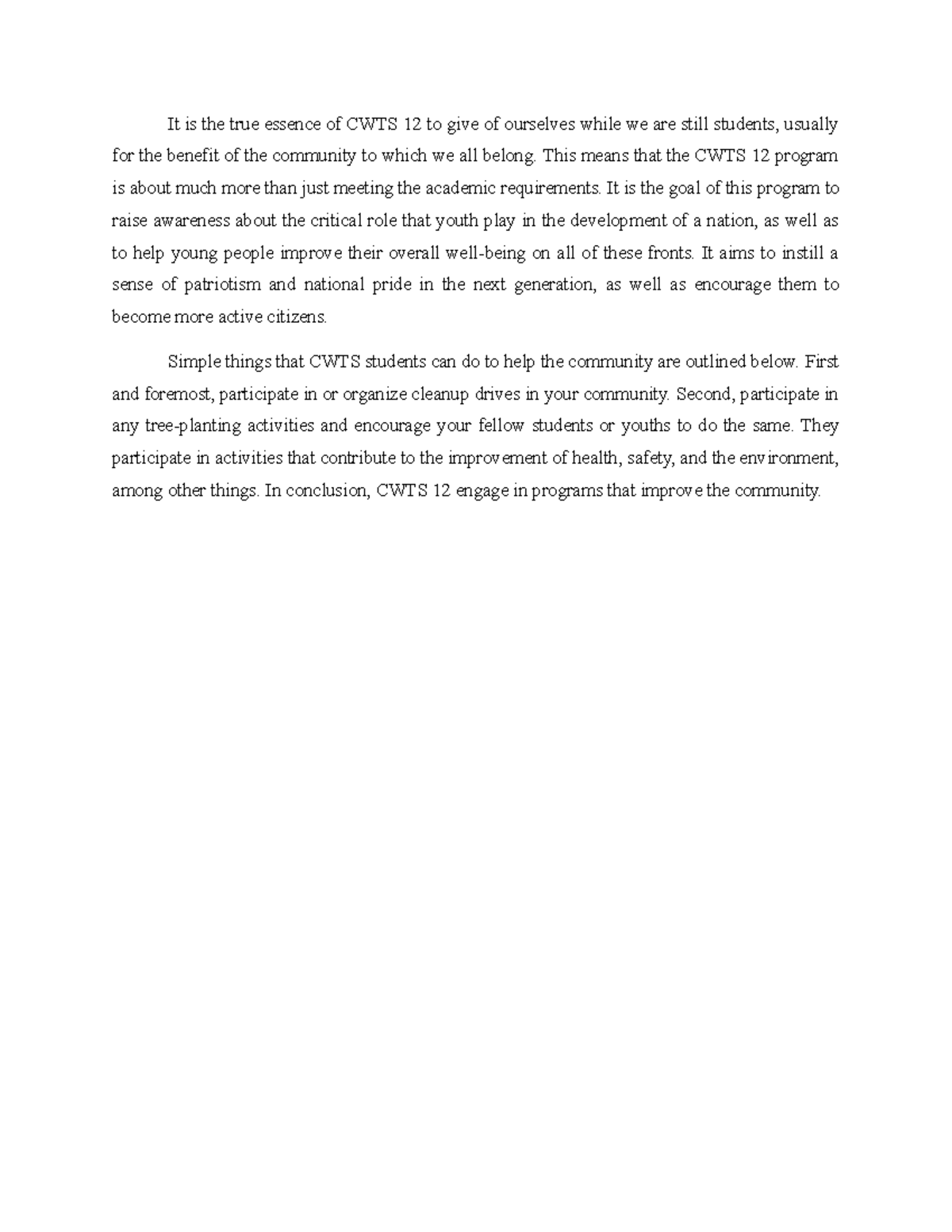 Essay on CWTS - This will help to be more aware about the national ...