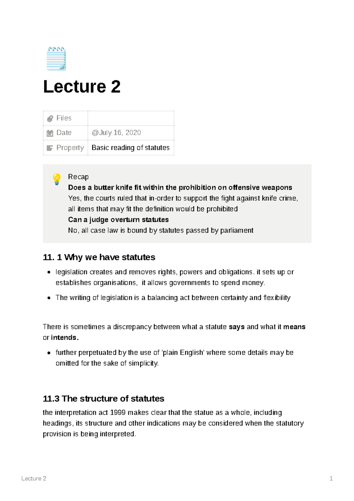 Why do we have statutes (Lecture 2) - 🗒 Lecture 2 Files Date Property ...