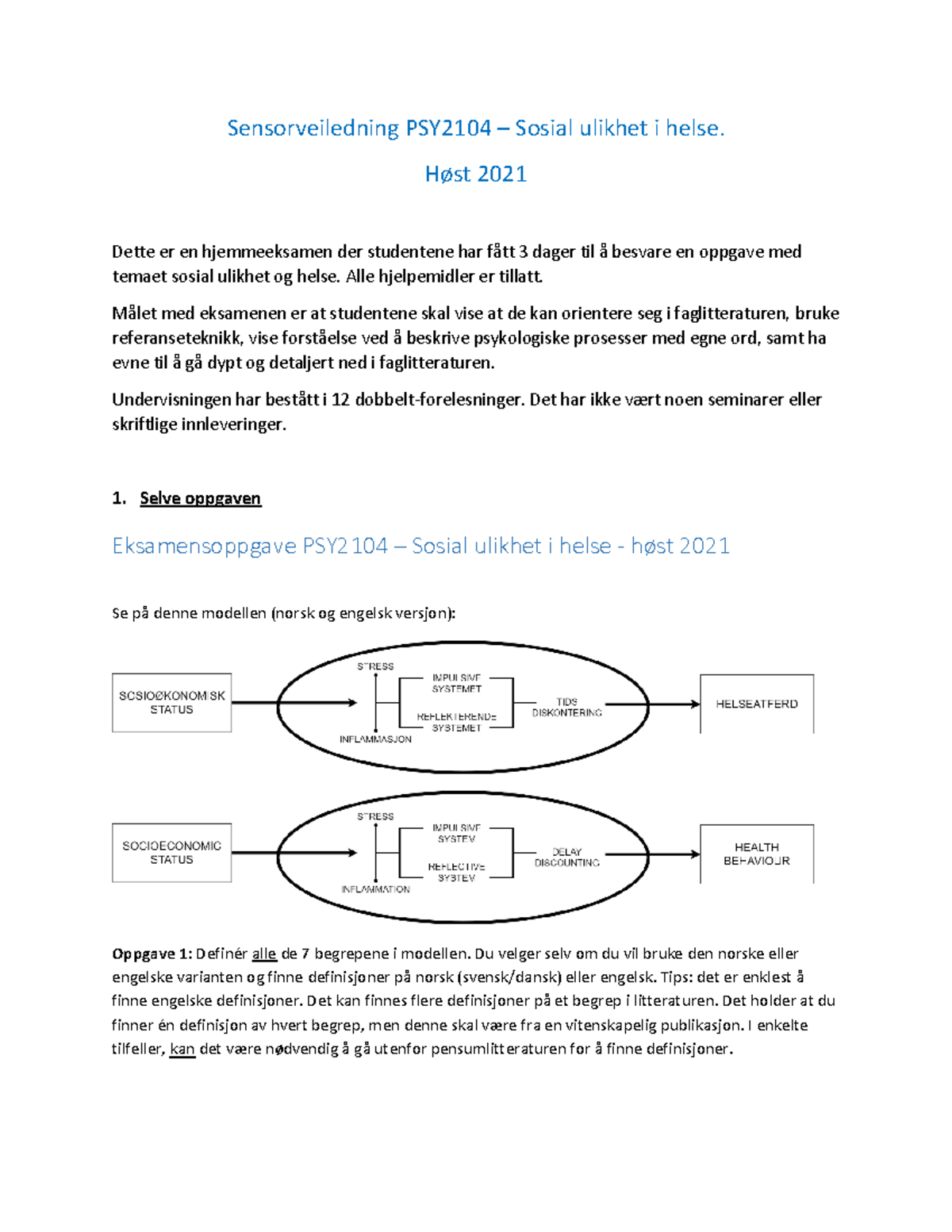 Psy2104-sensorveiledning-h21 - Sensorveiledning PSY2104 – Sosial ulikhet i helse. Høst 2021 ...