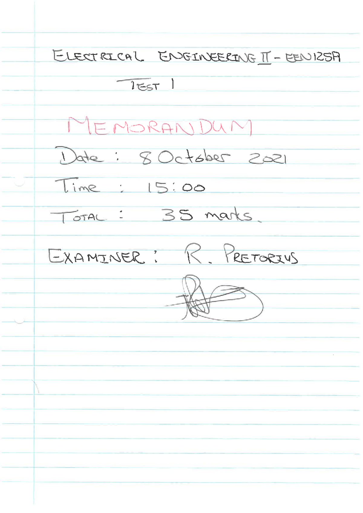 Electrical Engineering II-EEN125A-S2-2021-Test Assignment 1-Memorandum ...