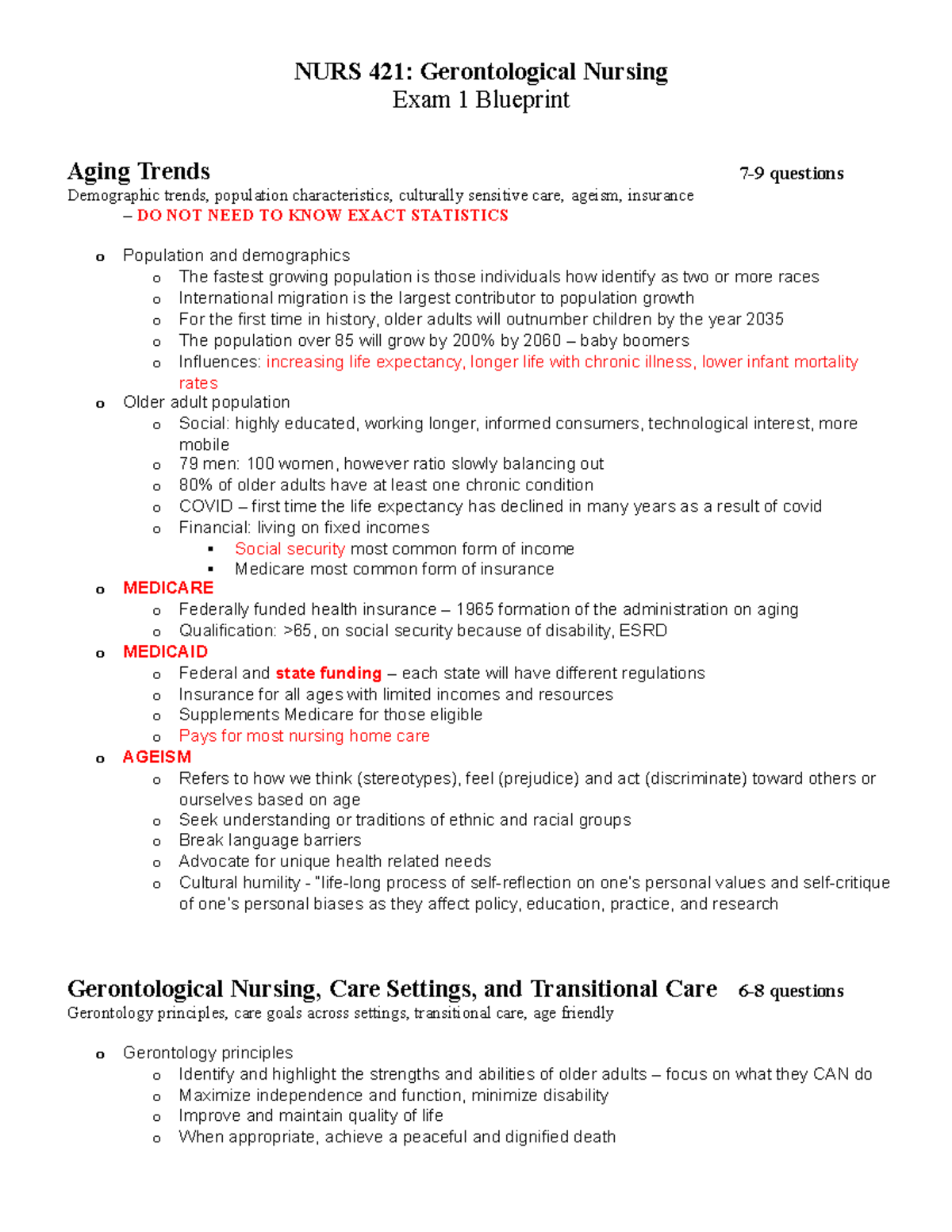 N421 Exam 1 Blueprint - NURS 421: Gerontological Nursing Exam 1 ...