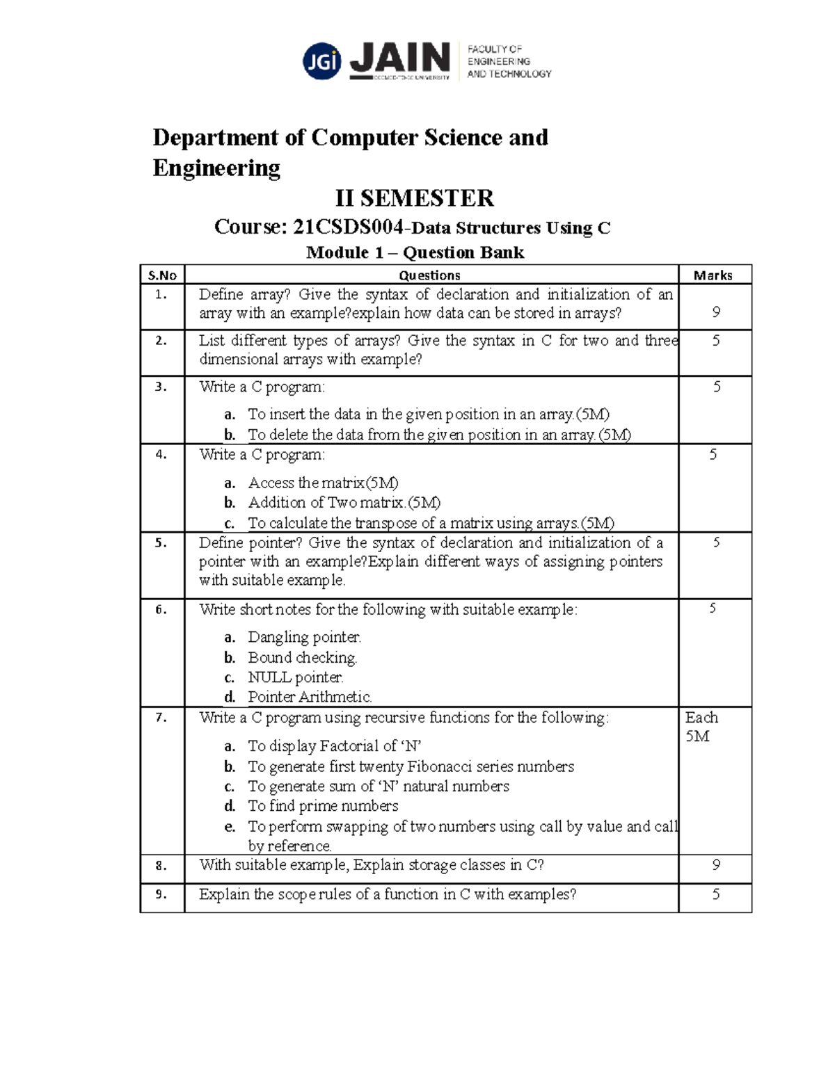 Ds Question Bank Module 1 Department Of Computer Science And Engineering Ii Semester Course
