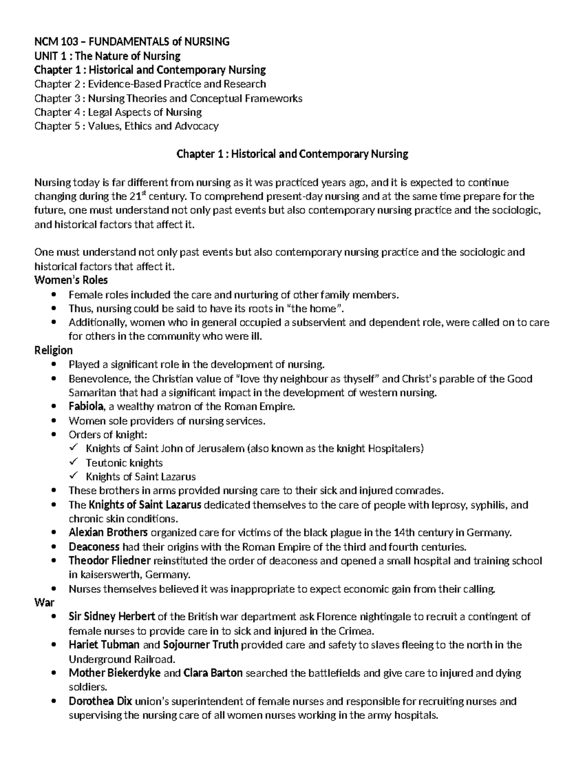 NCM 103 chapter 1 Historical and Contemporary Nursing Practice - NCM ...