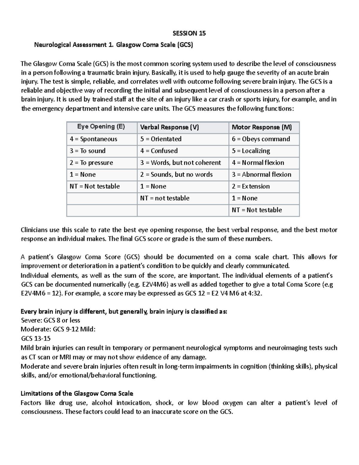 Rotation-4 - MEDSURGE - SESSION 15 Neurological Assessment 1. Glasgow ...