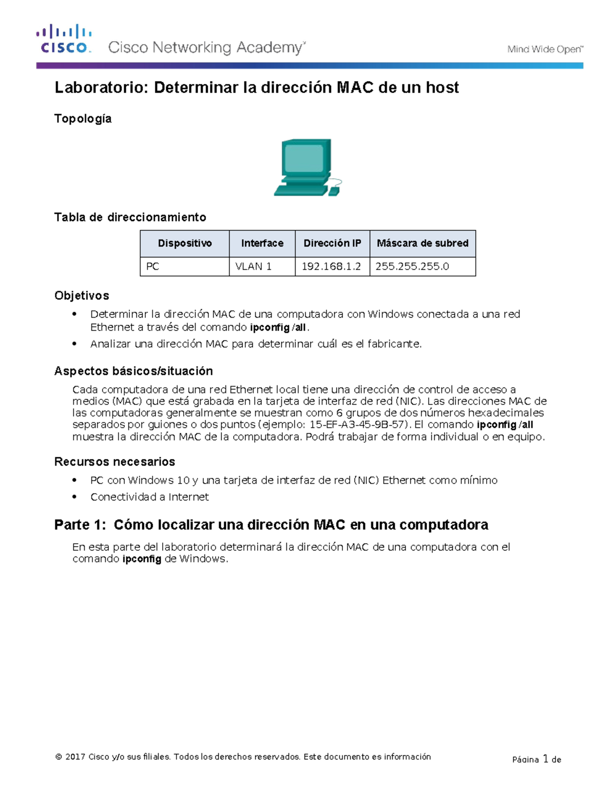 3.2.2.4 Lab - Determine the MAC Address of a Host - © 2017 Cisco y/o sus filiales. Todos los ...