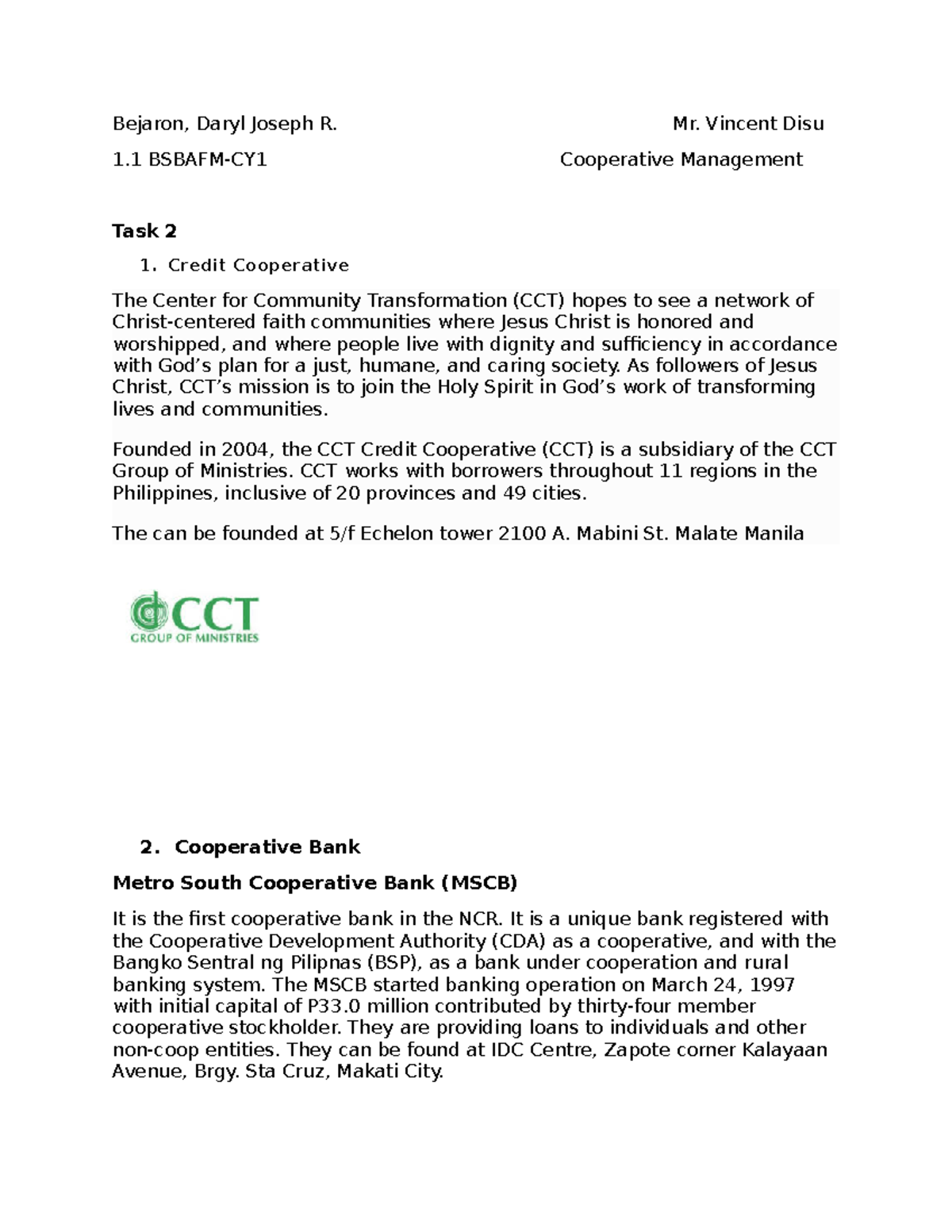Bejaron Task2 Cooperative Management 1 - Bejaron, Daryl Joseph R. Mr ...