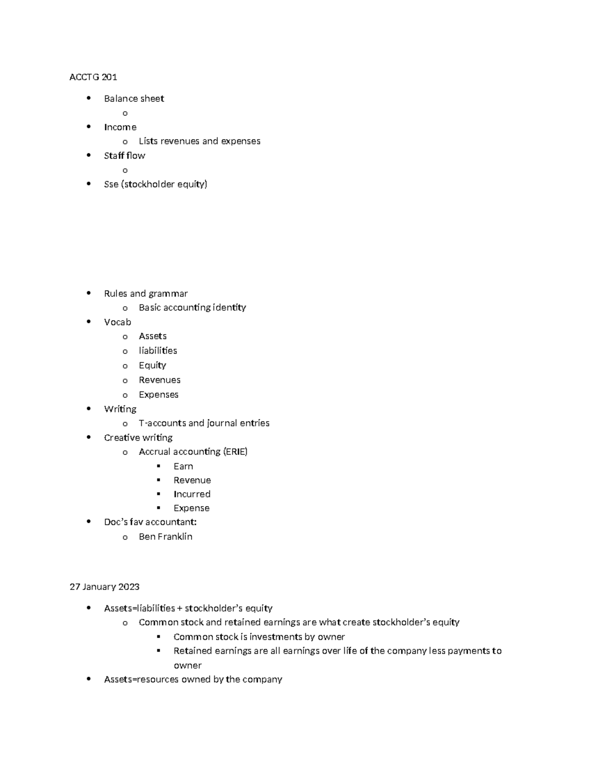 Acctg 201 - notes - ACCTG 201 Balance sheet o Income o Lists revenues ...