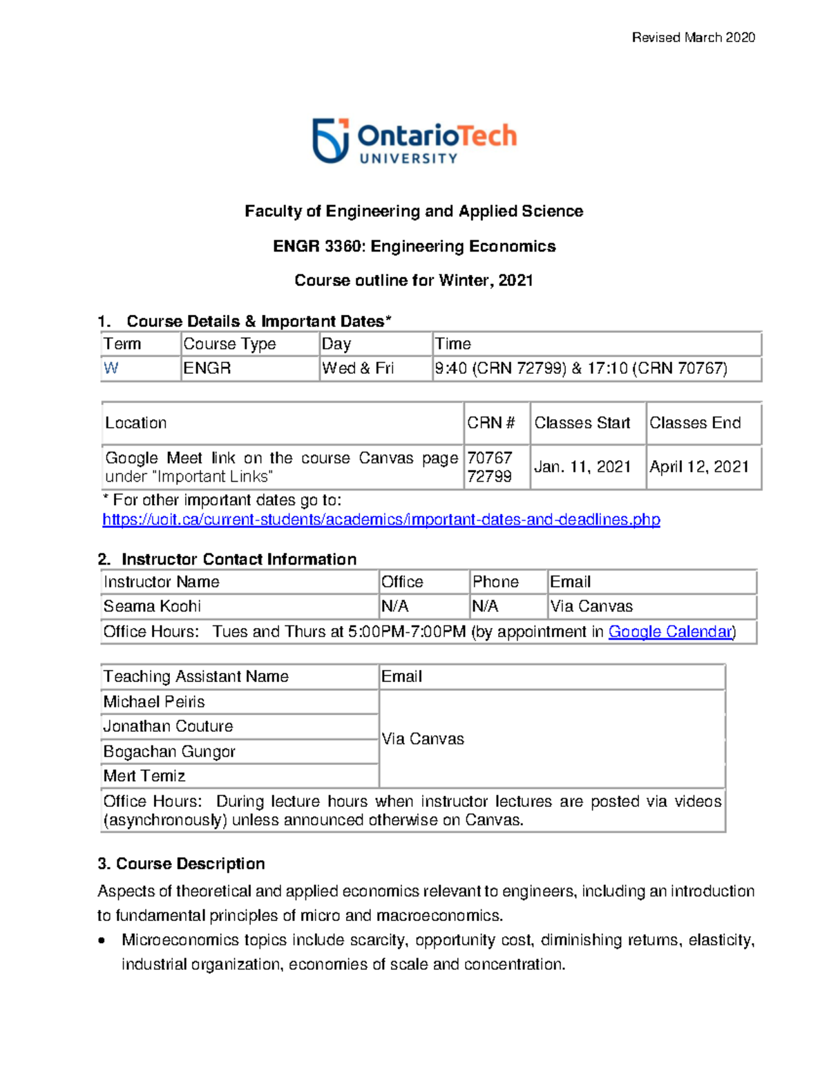 Course Outline ENGR3360U Engineering Economics 2021 - Faculty of ...