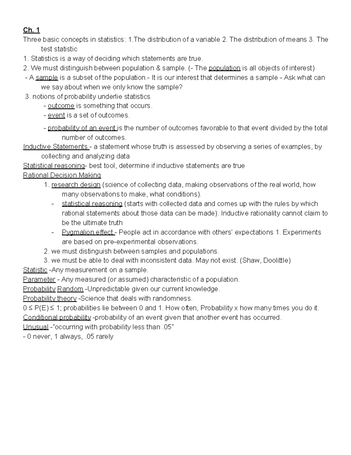 PSY 210 Statistics Ch. 1 Introduction Key Points - Ch. 1 Three basic concepts in statistics: 1 ...