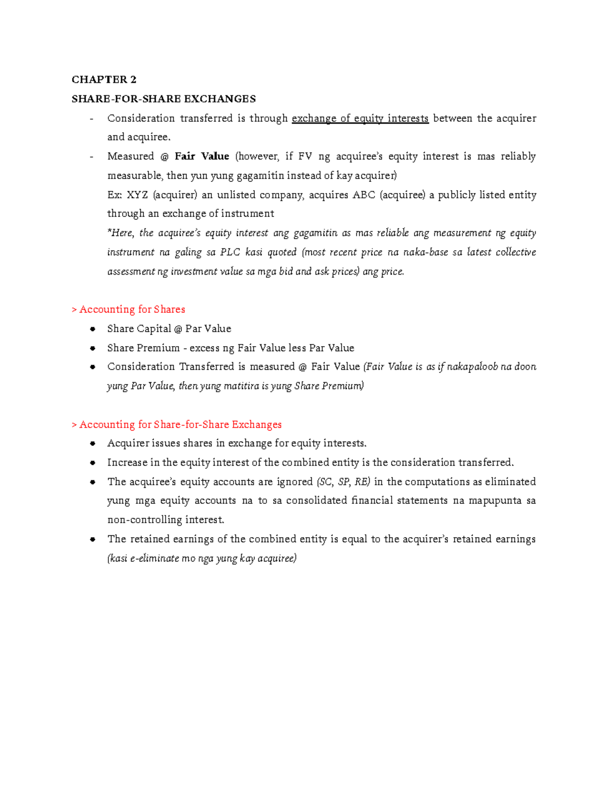 Business Combination (Chap 2-3) Reviewer - CHAPTER 2 SHARE-FOR-SHARE EXCHANGES Consideration ...