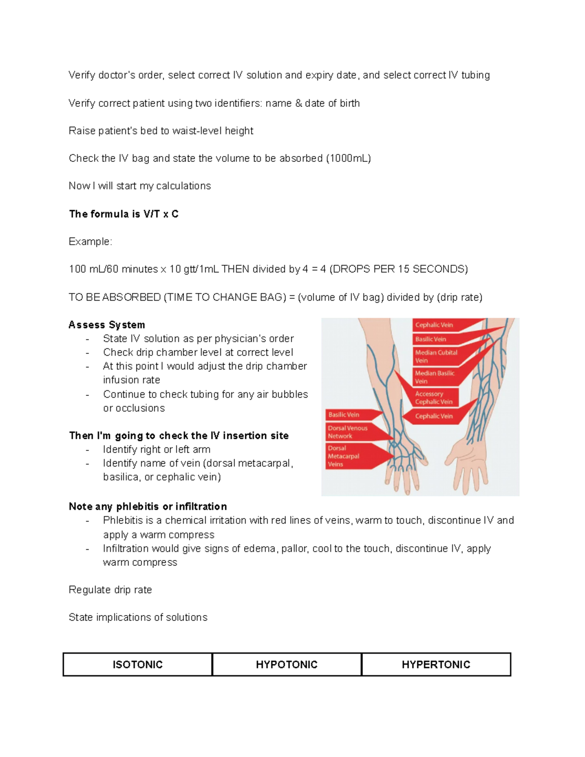 IV SPOT - iv spot test notes - Verify doctor’s order, select correct IV ...