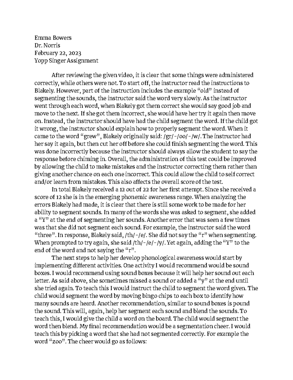 Yopp-Singer Sheet - Norris - Emma Bowers Dr. Norris February 22, 2023 ...