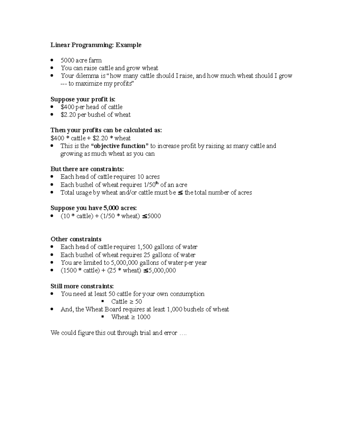 Linear Programming Cattle example - specs - Linear Programming: Example ...