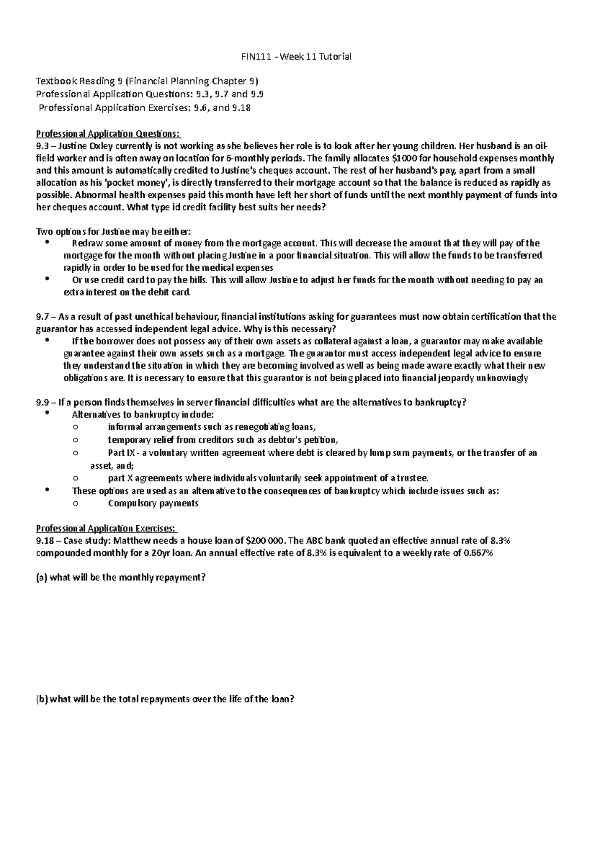 FIN111 Tut Wk 11 - week 11 tut questions - FIN111 - Week 11 Tutorial Textbook Reading 9 ...