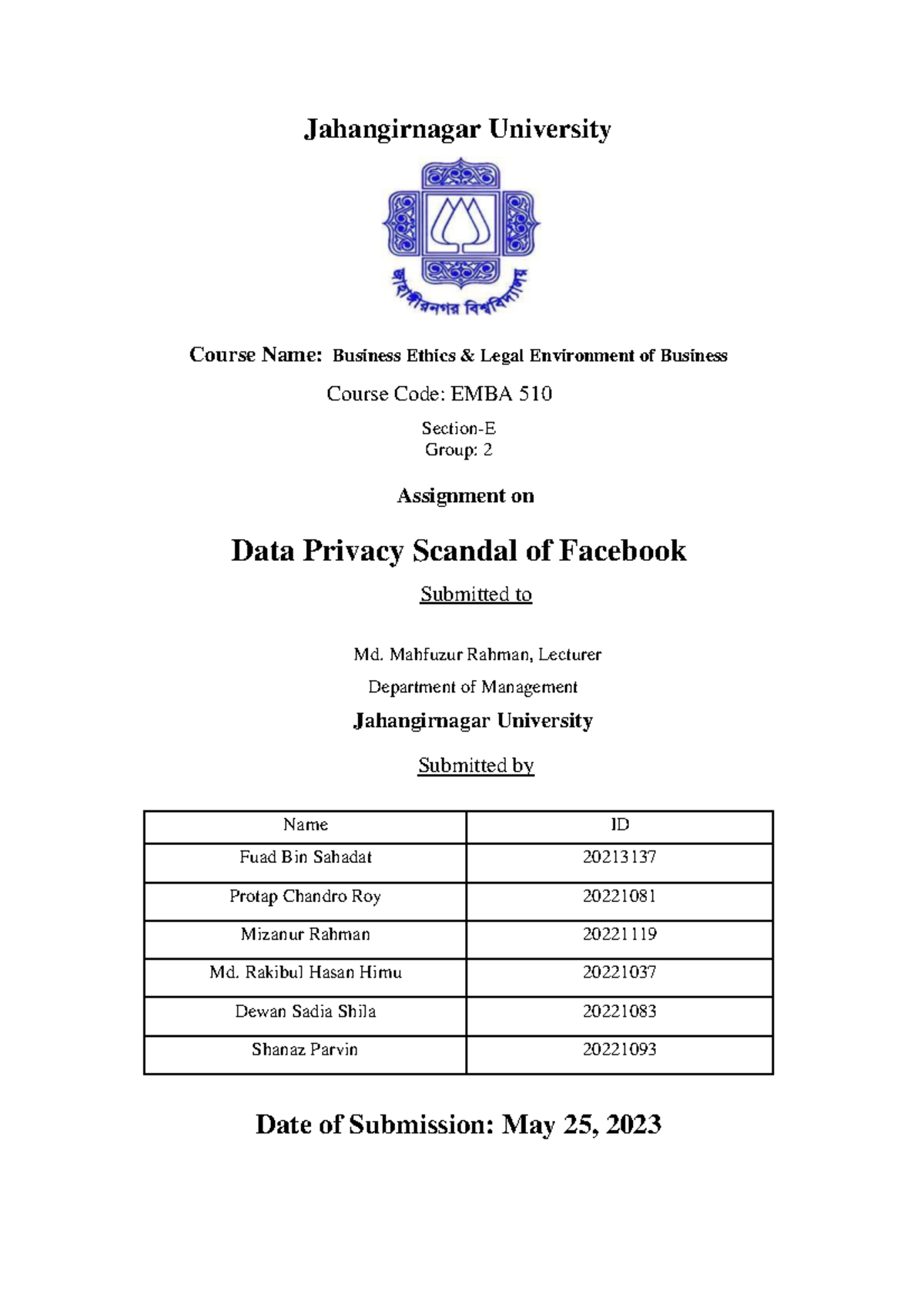 Assignment On Data Privacy Scandal of Facebook Group-2 - Jahangirnagar ...