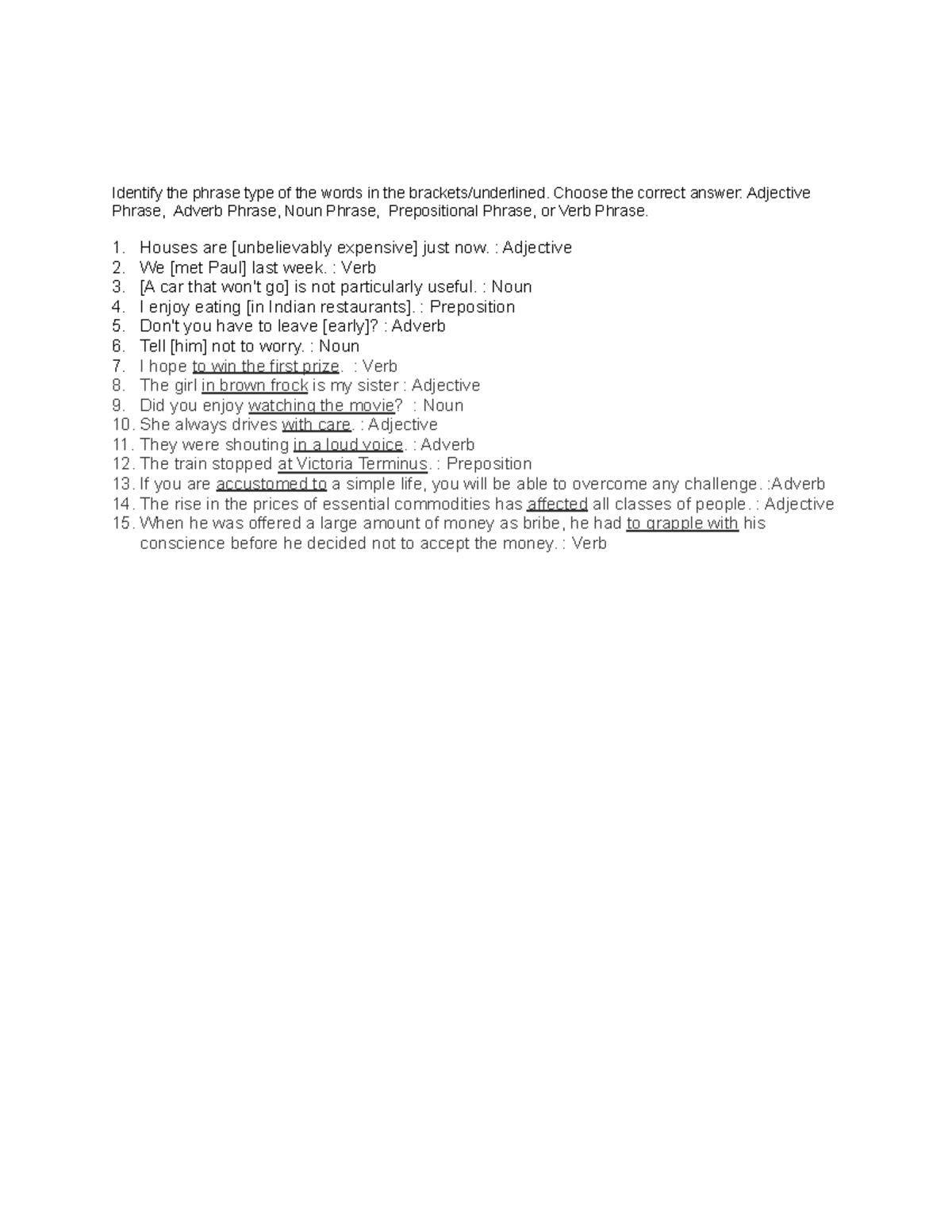 Phrases practice - Identify the phrase type of the words in the ...