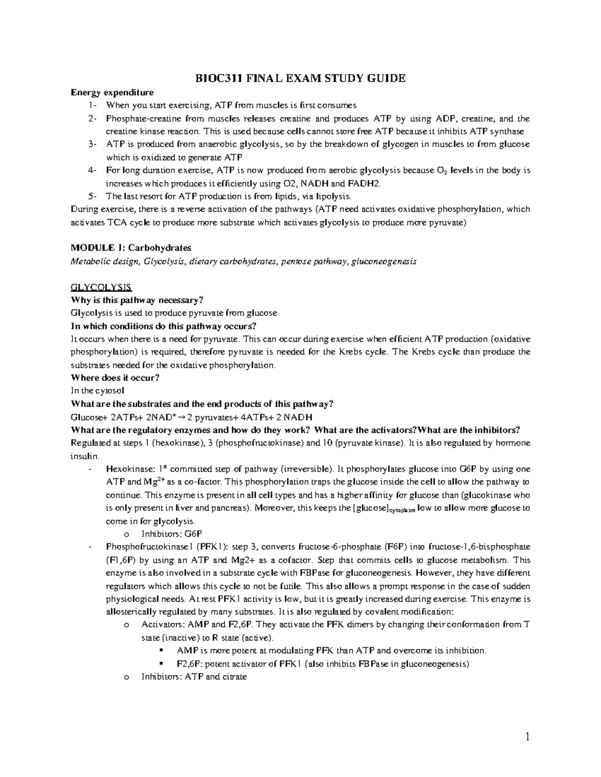 BIOC311 Final EXAM Study Guide - BIOC311 FINAL EXAM STUDY GUIDE Energy ...