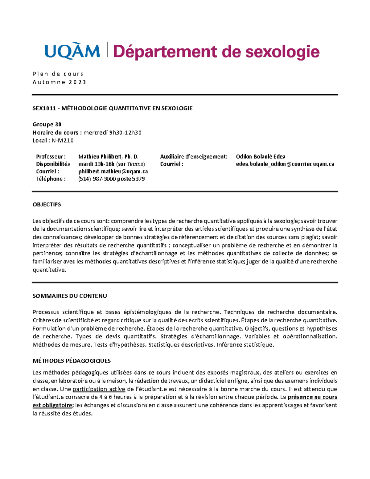 SEX1011 Plan Cours - P l a n d e c o u r s A u t o m n e 2 0 2 3 SEX1011 - MÉTHODOLOGIE ...
