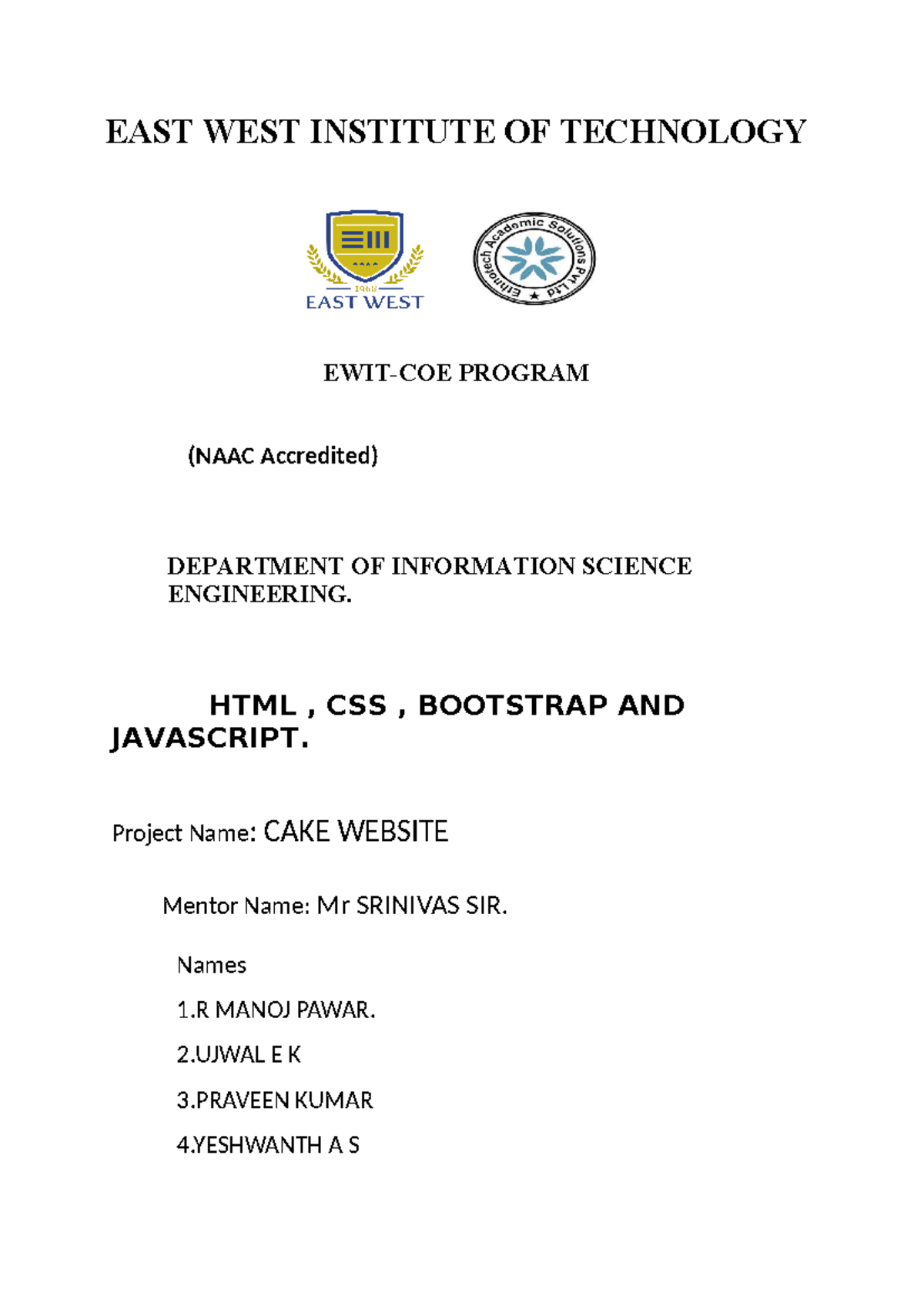 Cake project ISE - fewefd3 - EAST WEST INSTITUTE OF TECHNOLOGY EWIT-COE ...