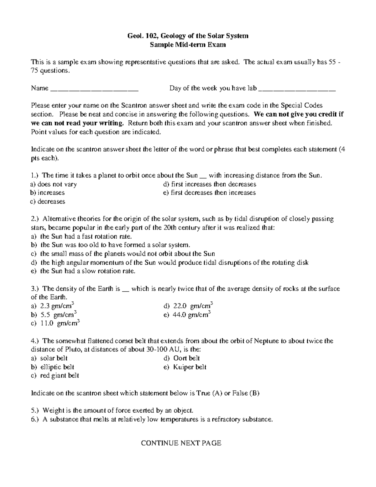 Geology Sample-Mid-term-exam - CONTINUE NEXT PAGE Geol. 102, Geology of ...