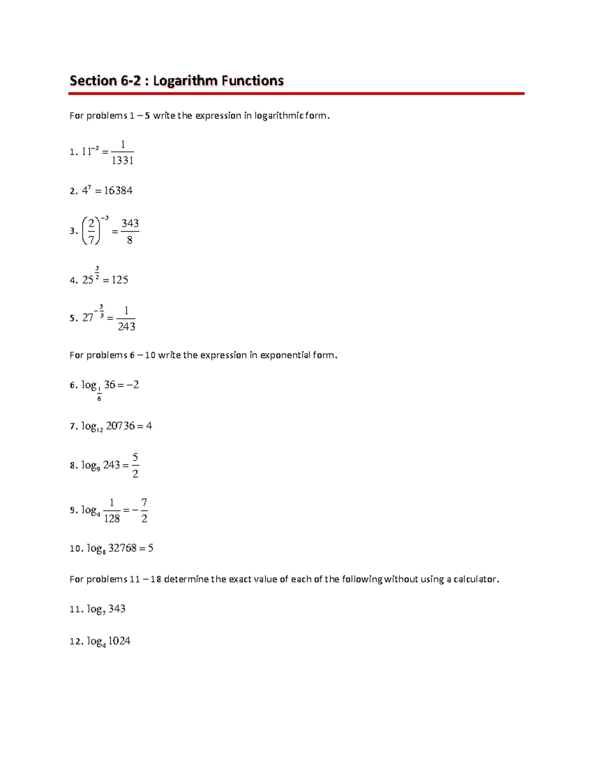Alg Log Functions Assignment - Section 6-2 : Logarithm Functions For ...