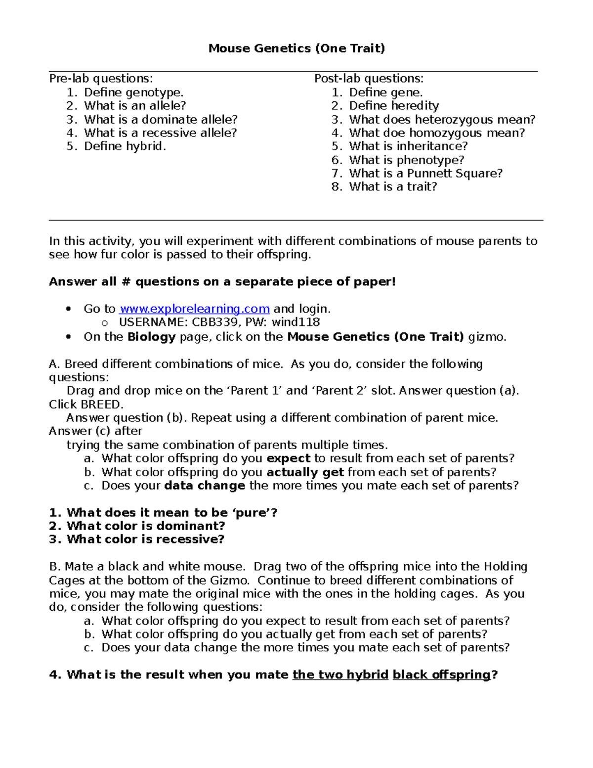 01 mouse gizmo 1 - Mouse Genetics (One Trait) Pre-lab questions: Define ...