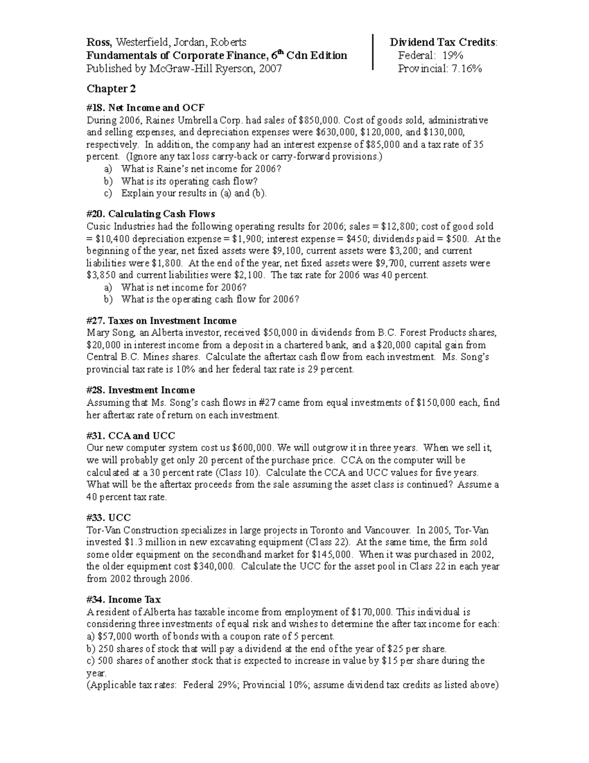 Ross Text Ch02 and Ch06 problems - Ross, Westerfield, Jordan, Roberts ...