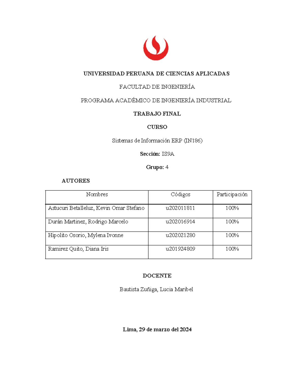 TF-ERP G4 - ERP TF - UNIVERSIDAD PERUANA DE CIENCIAS APLICADAS FACULTAD DE INGENIERÍA PROGRAMA ...