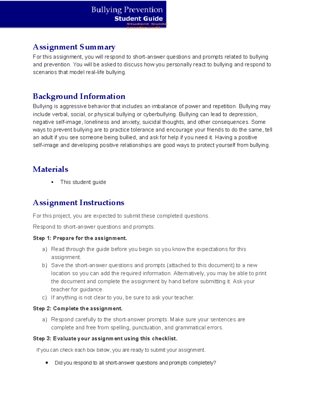 Project Bullying Prevention student guide - Assignment Summary For this ...