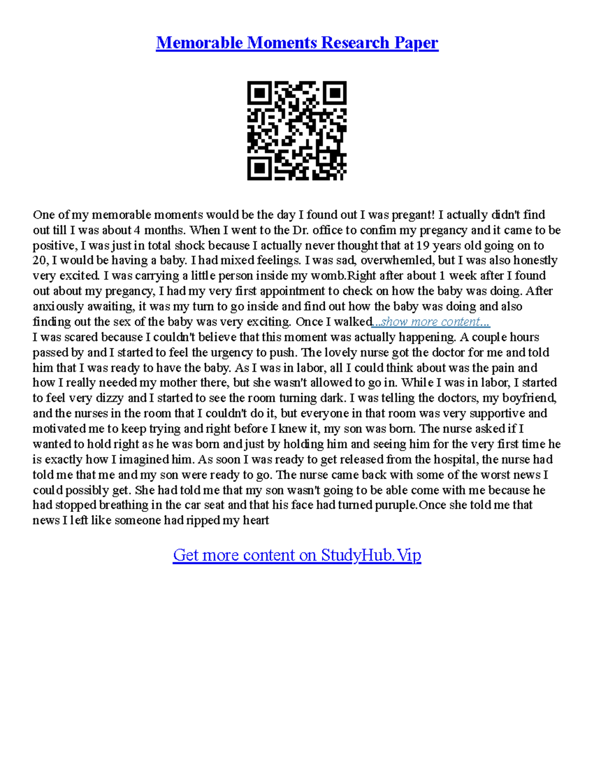 Memorable Experience Essay Example - Memorable Moments Research Paper ...