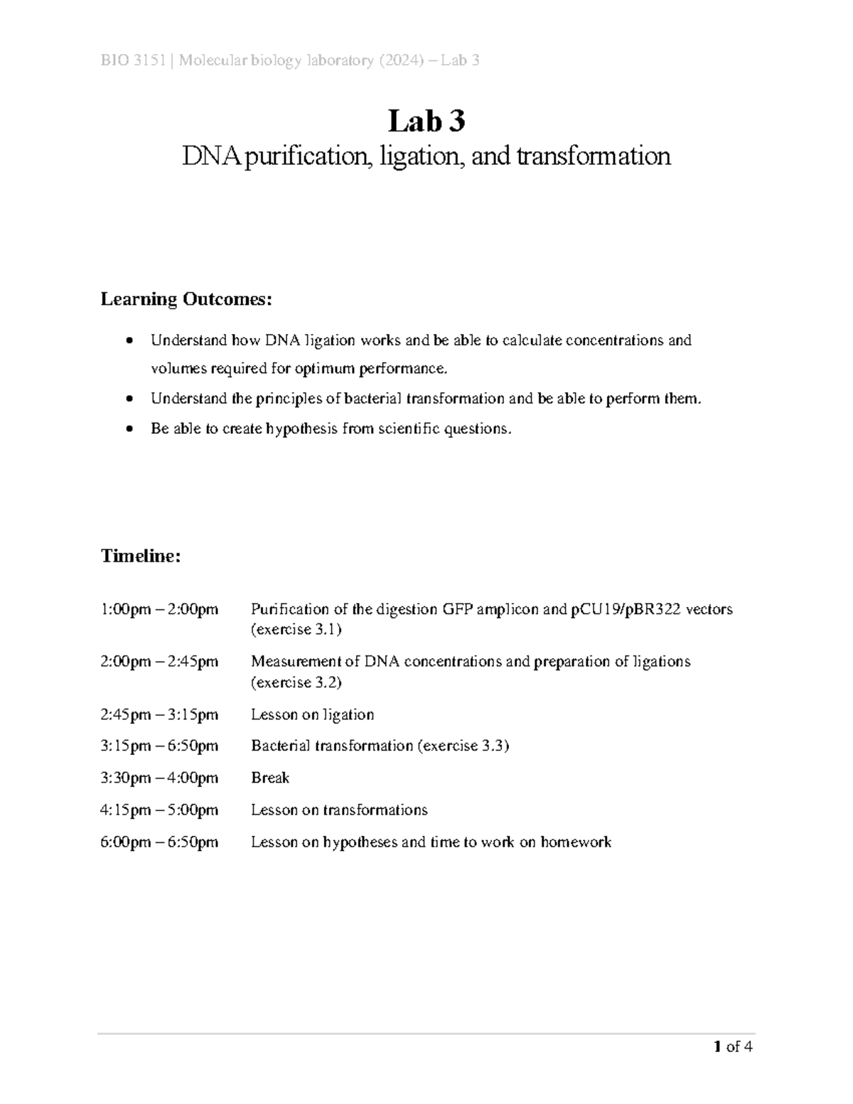Lab 3 EN - Lab Manual - Lab 3 DNA purification, ligation, and ...