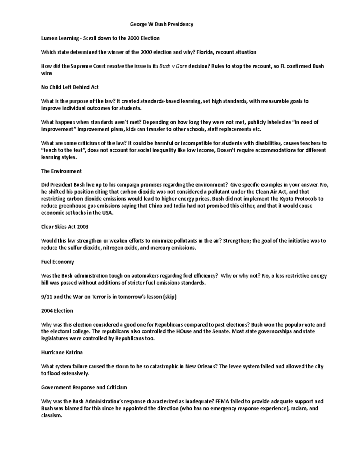 Copy of George W Bush Notes - HIST 221 - Studocu