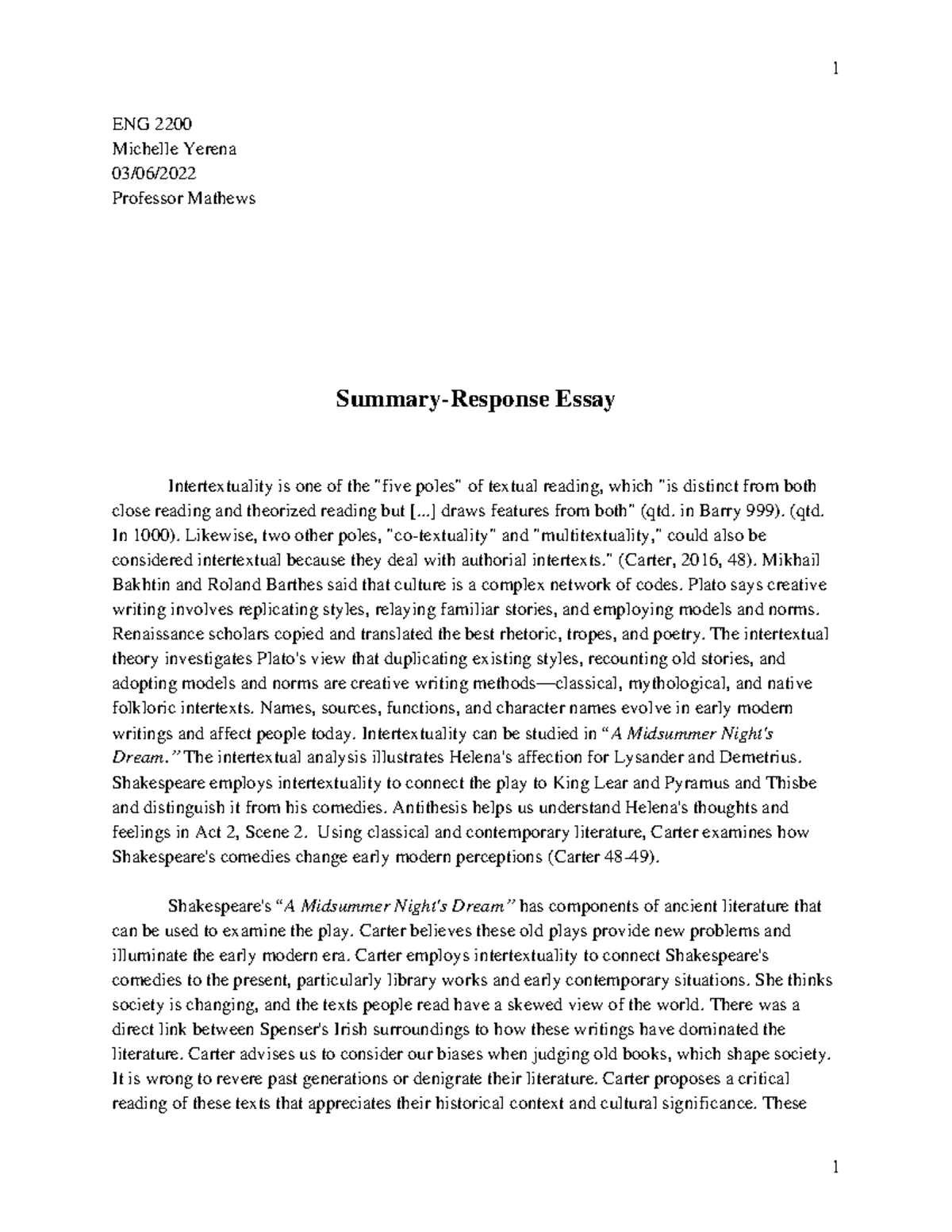 Revision Summary-Response Essay Yerena - ENG 2200 Michelle Yerena 03/06 ...