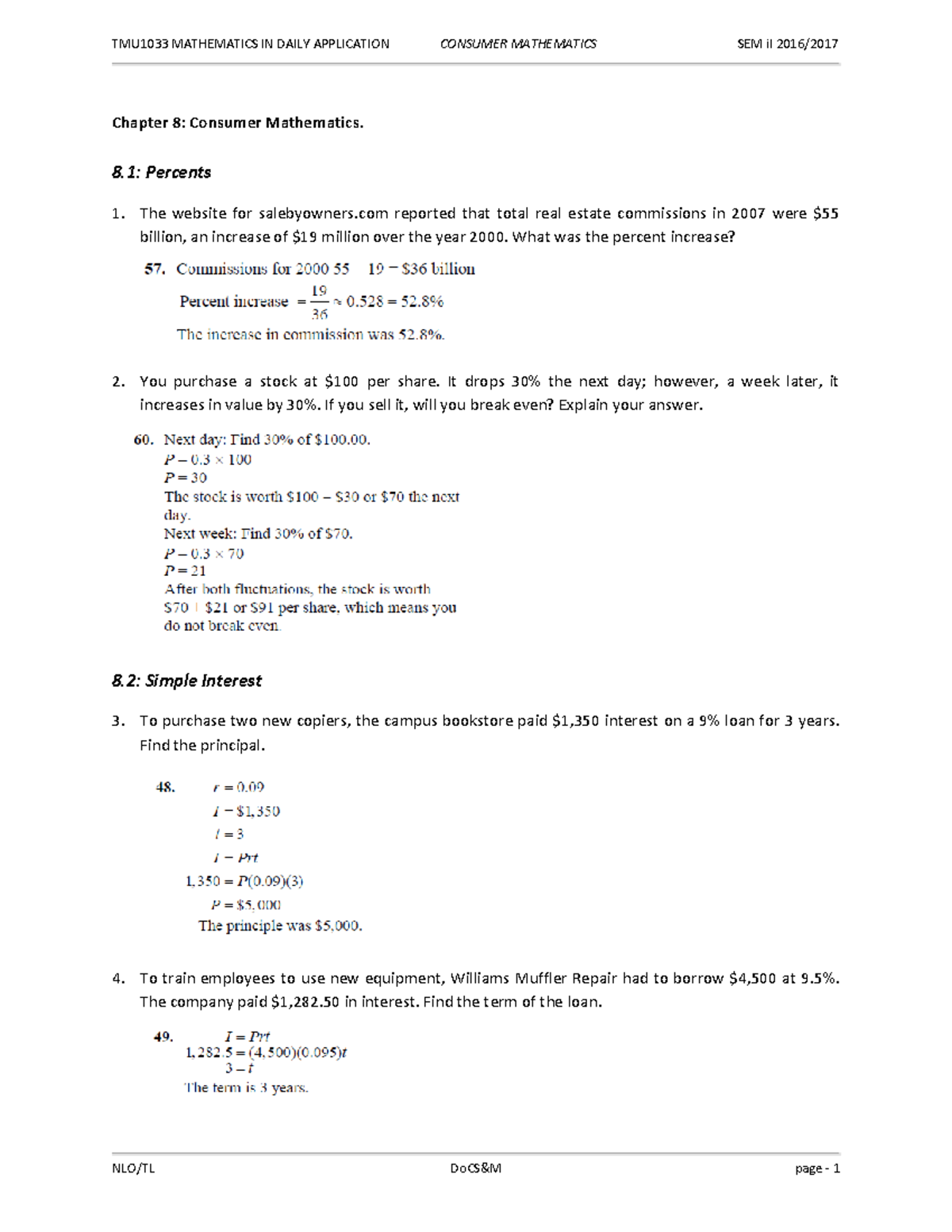 TMU1053 Consumer Maths S2 16-17 ANS - Chapter 8: Consumer Mathematics ...